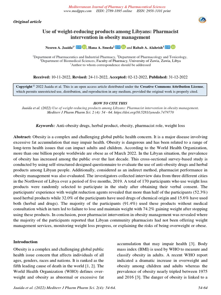 Use of Weight-Reducing Products Among Libyans: Pharmacist Intervention ...