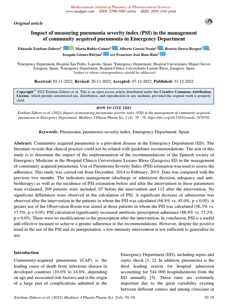 Impact of Measuring Pneumonia Severity Index (PSI) in The Management of ...