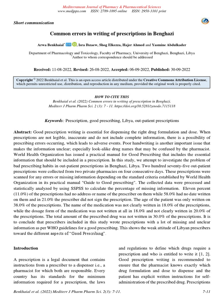Common Errors in Writing of Prescriptions in Benghazi | PDF | Medical ... Common Errors in Writing of Prescriptions in Benghazi | PDF | Medical ...