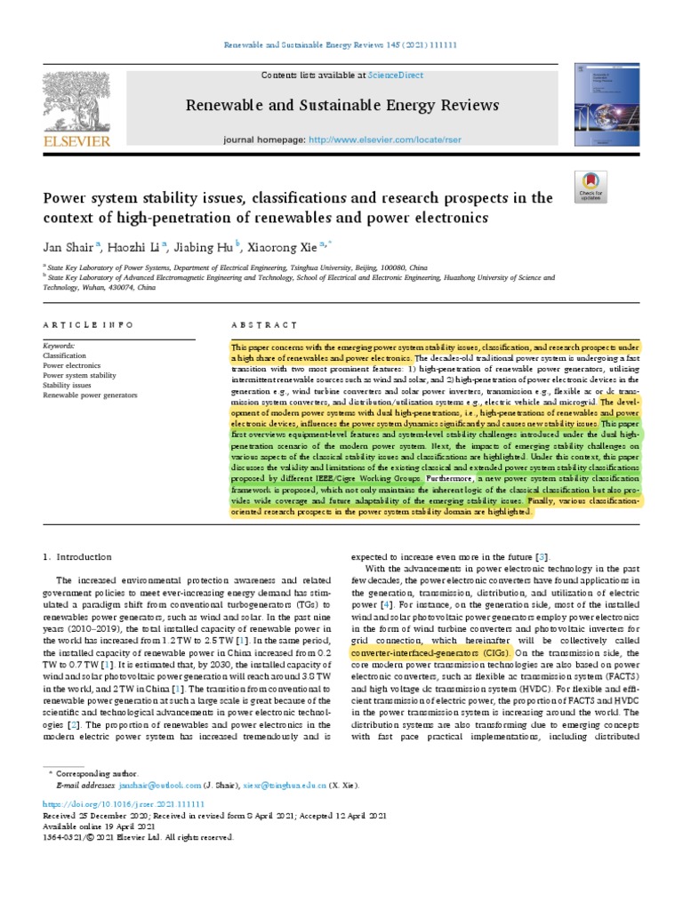 2021 - Power System Stability Issues & Classifications and Research ...