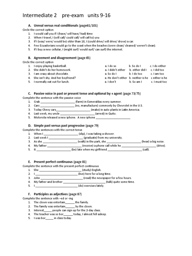 Intermediate 2 Exam Prep: Units 9-16 | PDF | Linguistics | Grammar