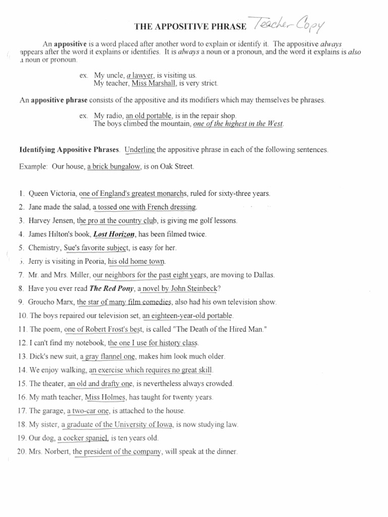 Appostive Phrases Worksheet With Answers | PDF