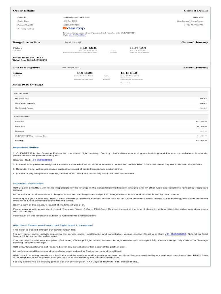 Order Details Contact Details: Vistara | PDF | Identity Document | Fee