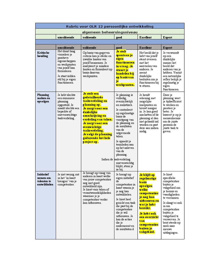 Rubric Voor Olr 12 Persoonlijke Ontwikkeling | PDF