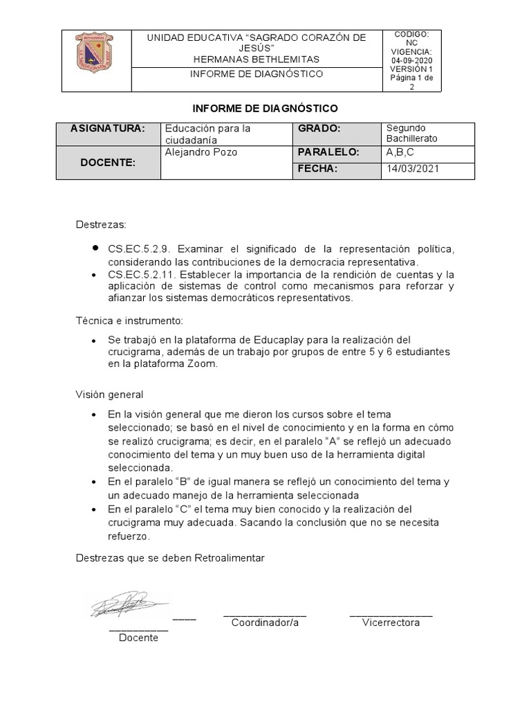 INFORME DE DIAGNOSTICO 2do BGU A, B, C Ciudadanía | PDF