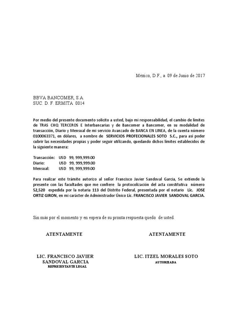 Carta De Cambio De Limites De Transferencias Soto Pdf