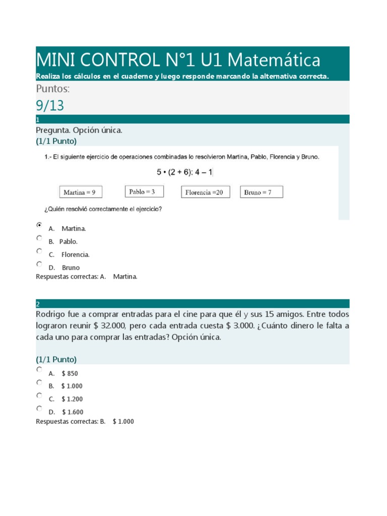 Mini Control Matemáticas | PDF