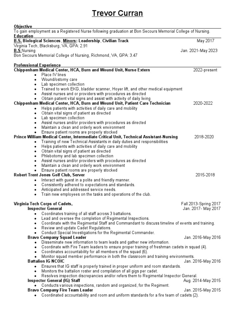 Trevor Curran Resume | PDF | Nursing | Health Care