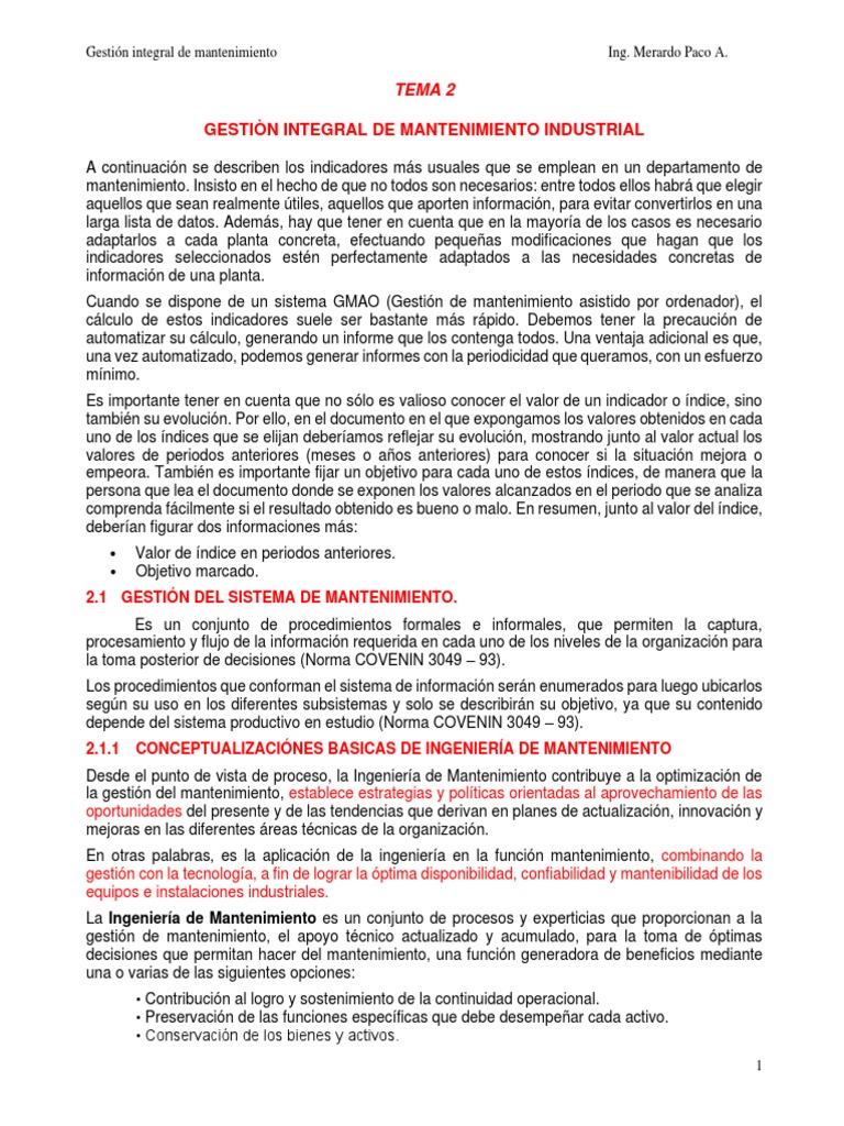 Gestiòn Integral de Mantenimiento Industrial: Tema 2 | PDF | Ingeniería de confiabilidad ...