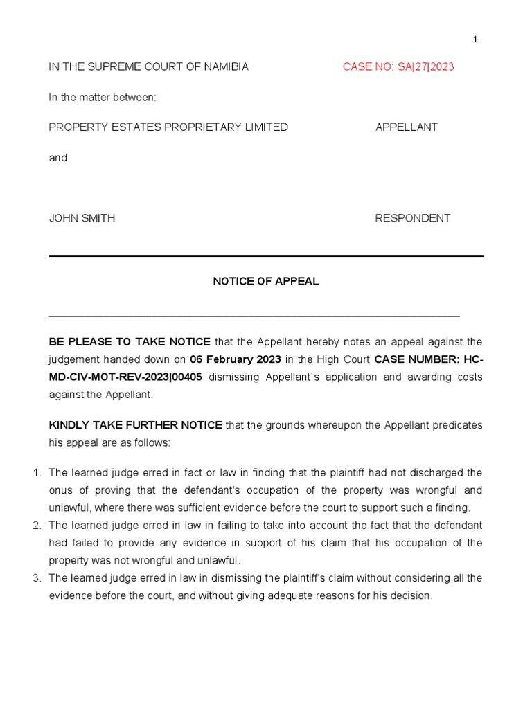 Notice of Appeal | PDF | Judgment (Law) | Burden Of Proof (Law)