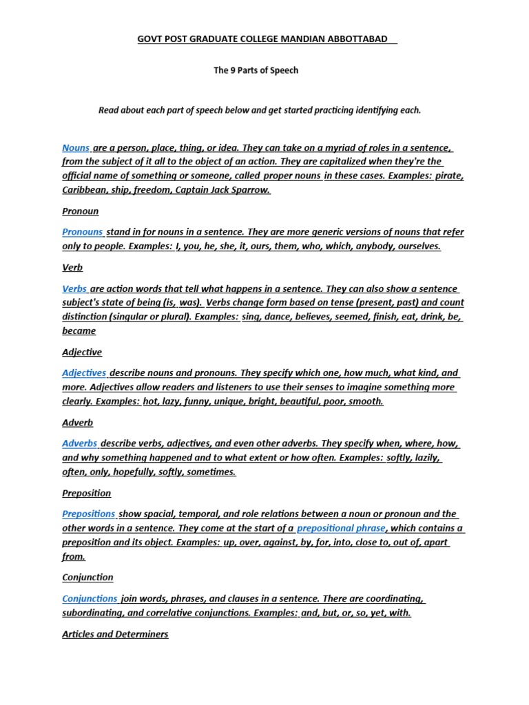 The 9 Parts of Speech | PDF | Noun | Part Of Speech