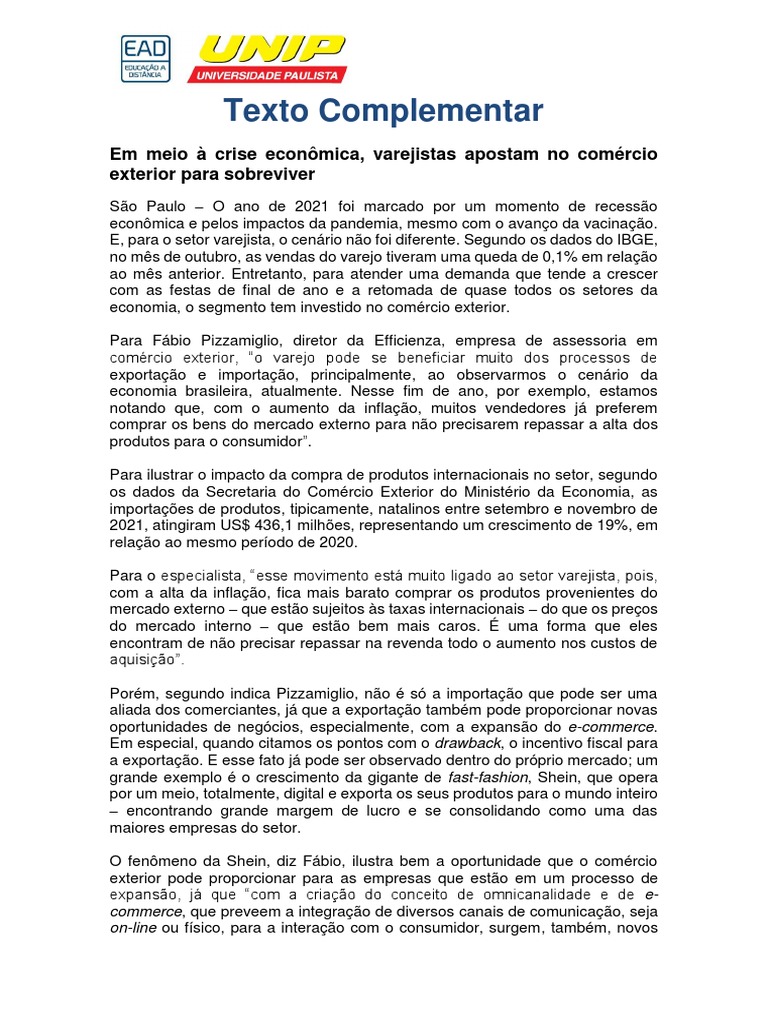 Texto Complementar | PDF | Comércio internacional | Economia