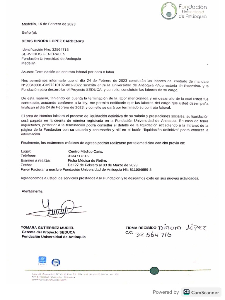 Terminación de Contrto Devis López | PDF