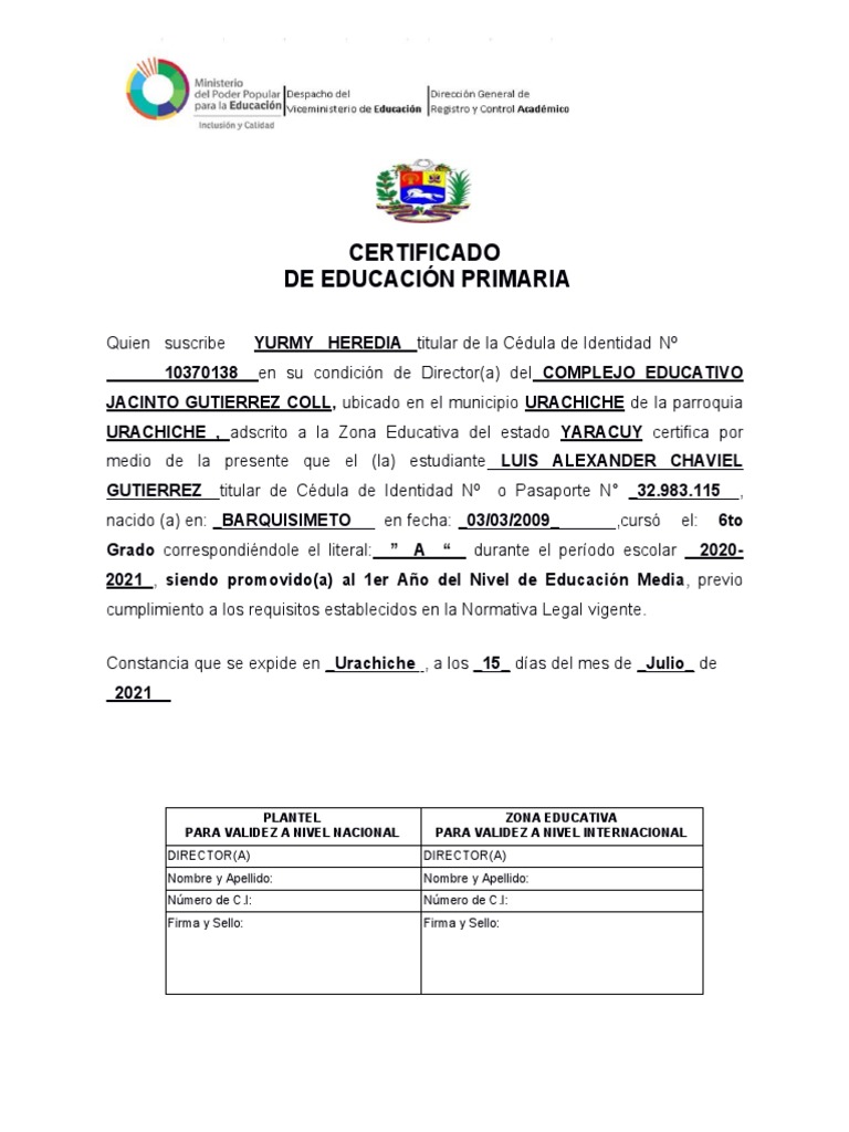 Certificado de Educación Primaria | PDF | Pasaporte | Documento