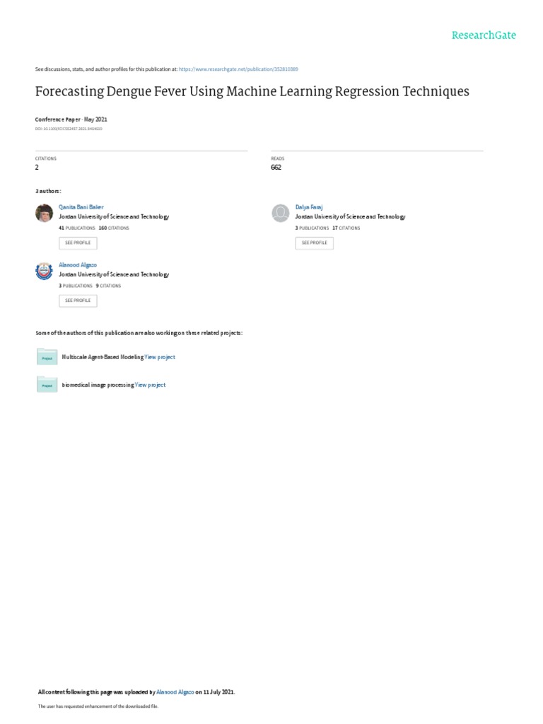 Forecasting Dengue Fever Using Machine Learning Regression Techniques | PDF | Support Vector ...