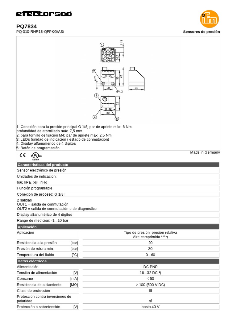 PQ7834 Ifm Sensor de Presion | PDF | Presión | Ciencias fisicas