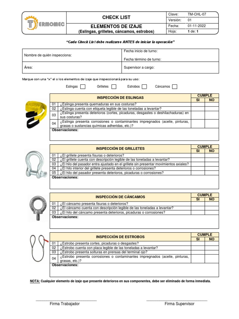 Check List Elementos de Izaje | PDF | Química | Materiales