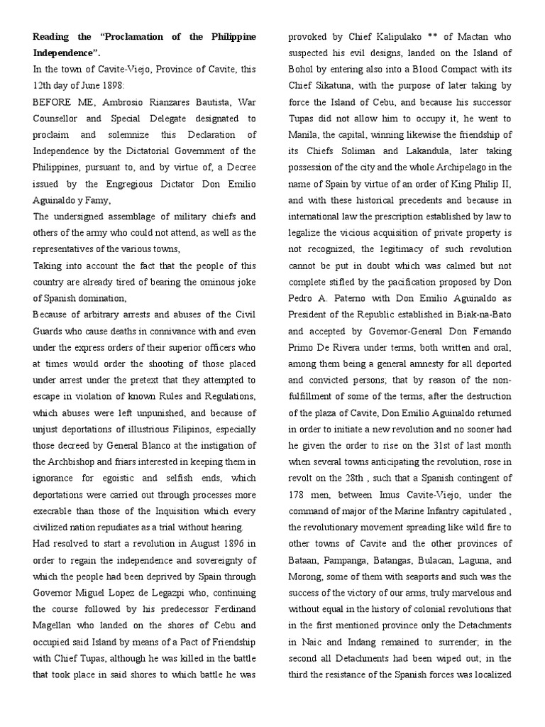 Reading The "Proclamation of The Philippine Independence" | PDF ...