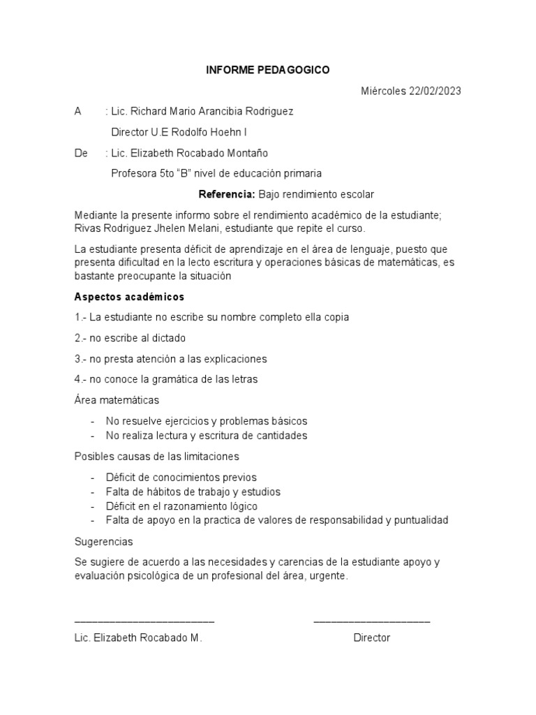 Informe Pedagogico | PDF