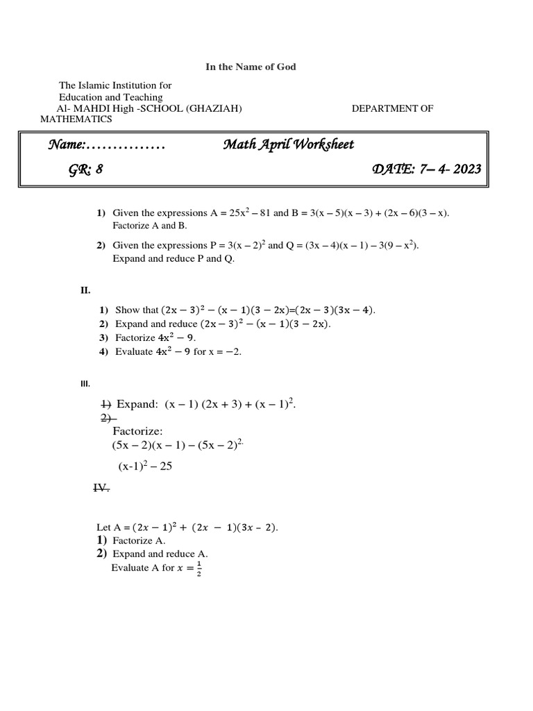 April Sheet Grade 8 2022 2023 | PDF