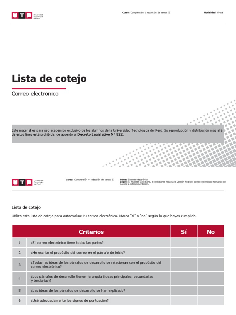 Semana 02 - Lista de Cotejo para El Correo Electrónico | PDF