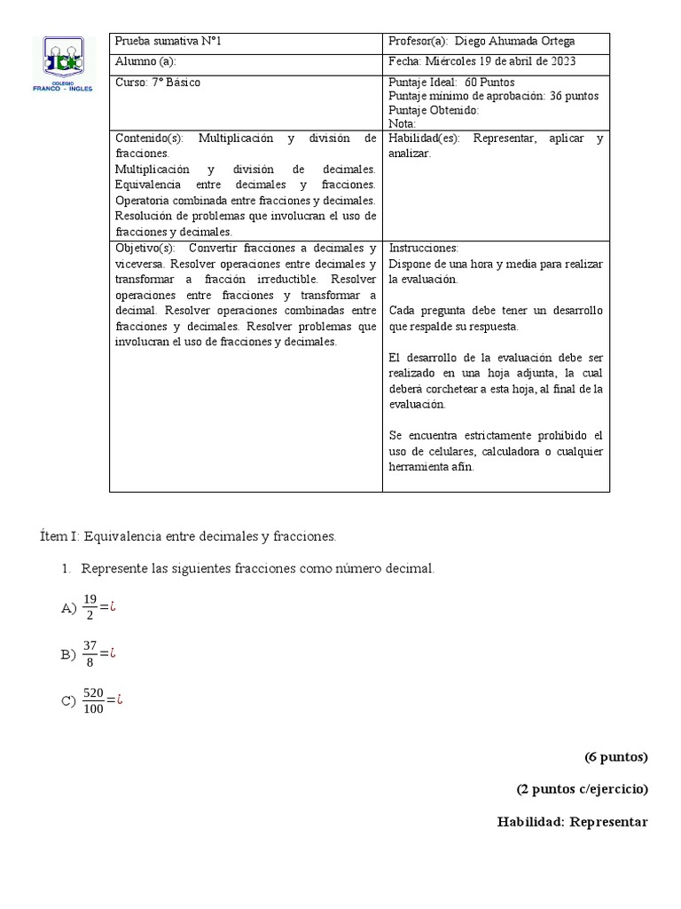 Ítem I: Equivalencia Entre Decimales y Fracciones. 1. Represente Las ...