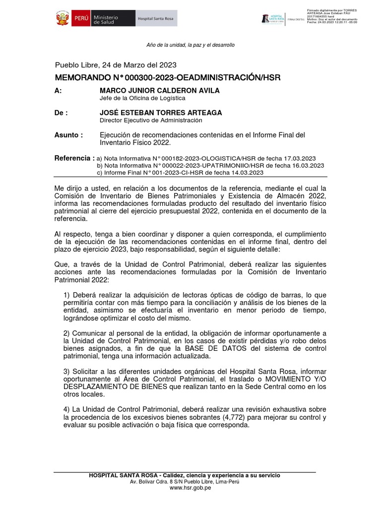 Memorando #-2023-Oeadministración/Hsr | PDF | Logística | Inventario