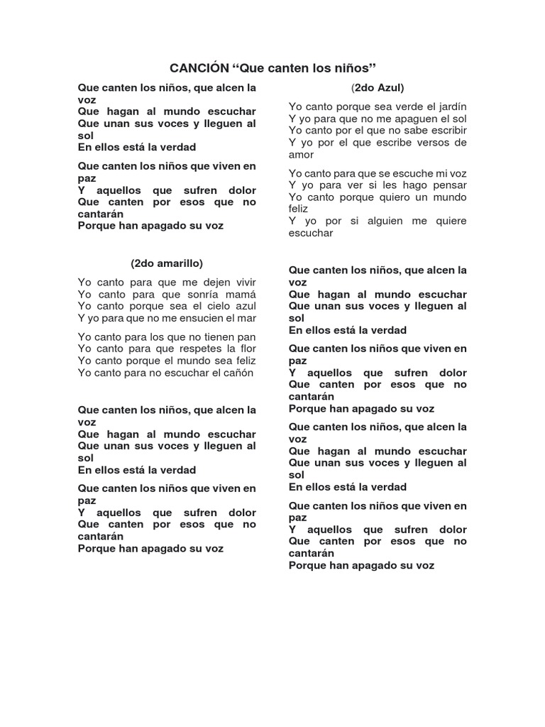 CANCIÓN Que Canten Los Niños 2do Primaria | PDF