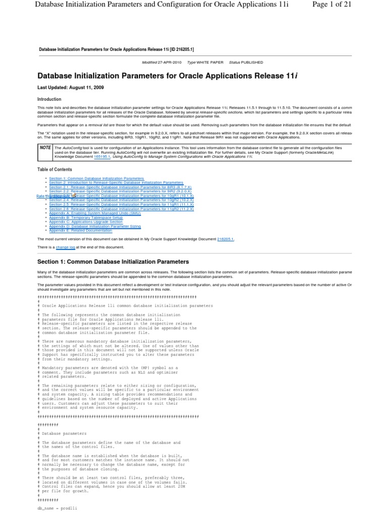 2162051 Database Initialization Parameters For Oracle Applications 0582