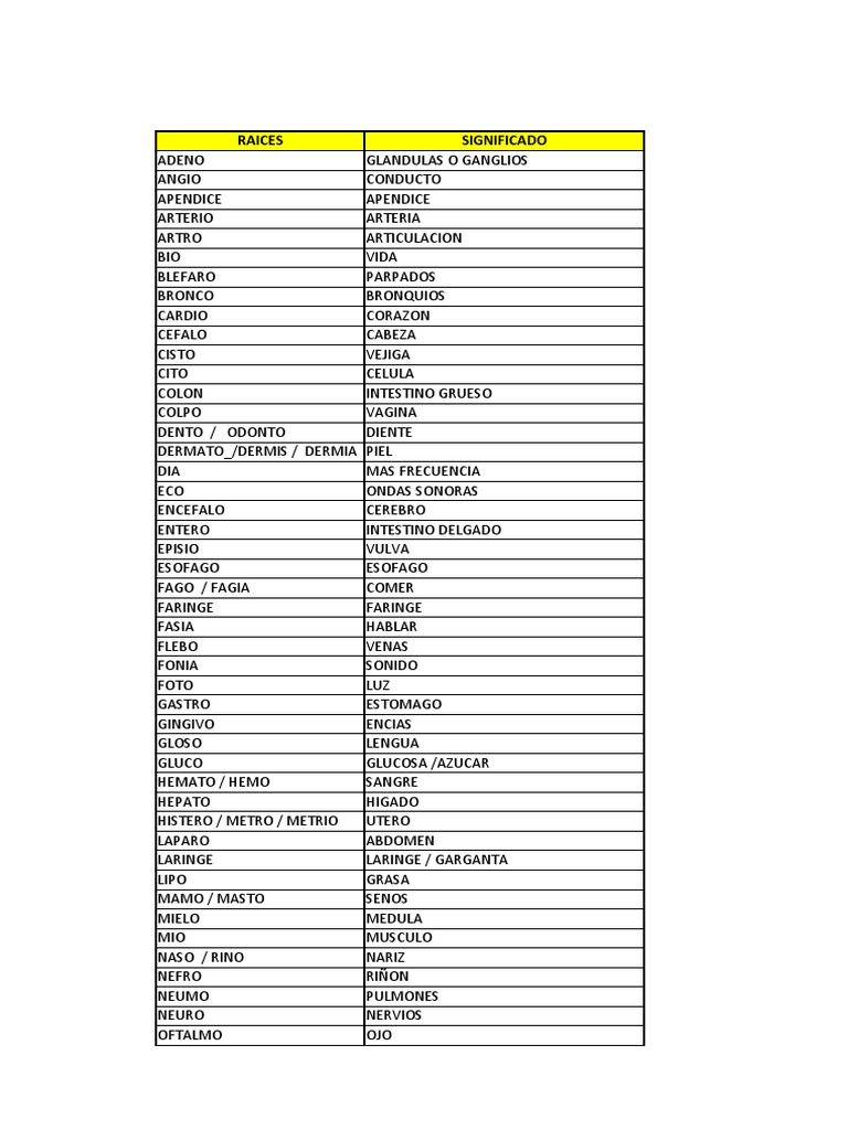 Raices, Sufijos Prefijos Manual Excel | PDF | Abdomen | Riñón
