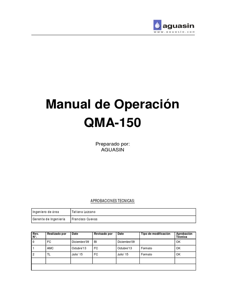 Manual de Operación QMA-150: Preparado Por: Aguasin | PDF | Filtración | Agua