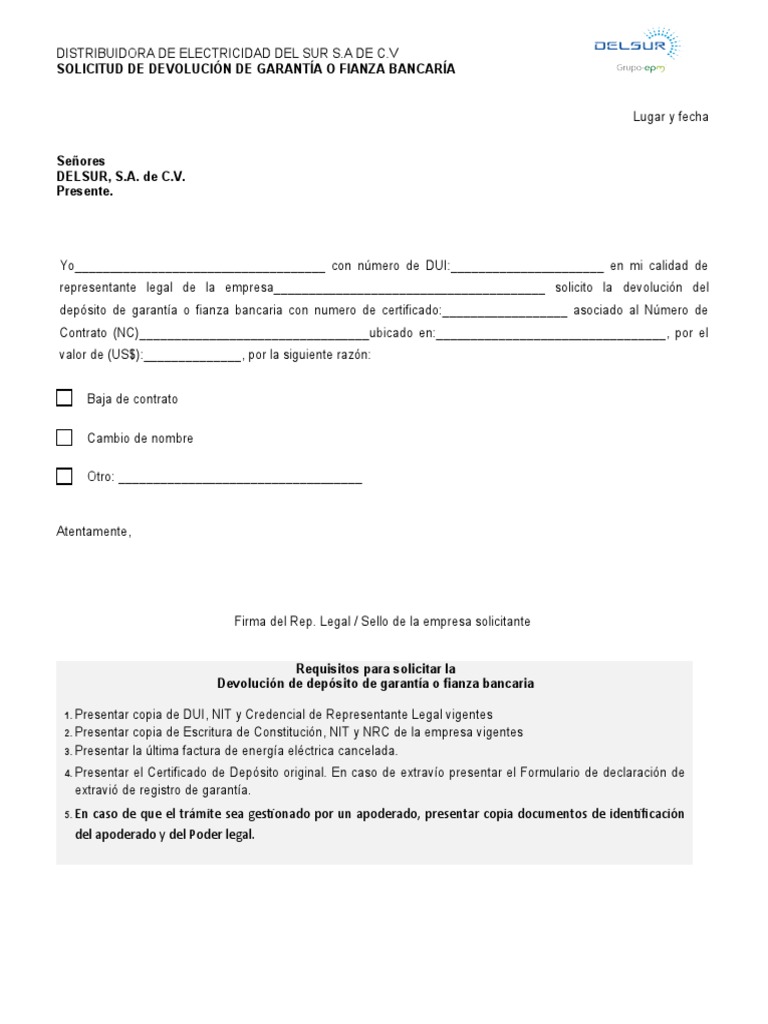 Solicitud de Devolución de Garantía O Fianza Bancaría | PDF