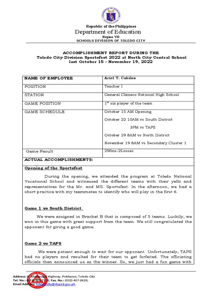 Accomplishment Report During Sportsfest CABILES | PDF