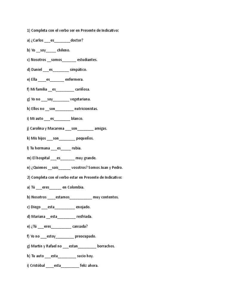 Ejercicios de Verbos Ser y Estar en Presente | PDF | Relaciones ...