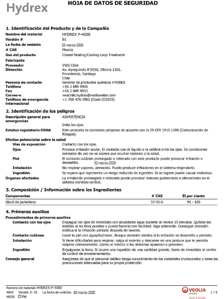 Hoja de Seguridad Hydrex P-4000 (1) - Editado | PDF