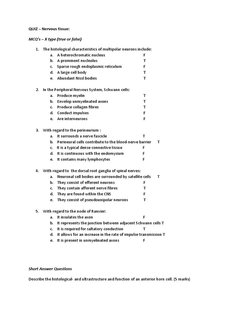 Nervous Tissue Quiz: MCQs & Short Answers | PDF | Axon | Neuron