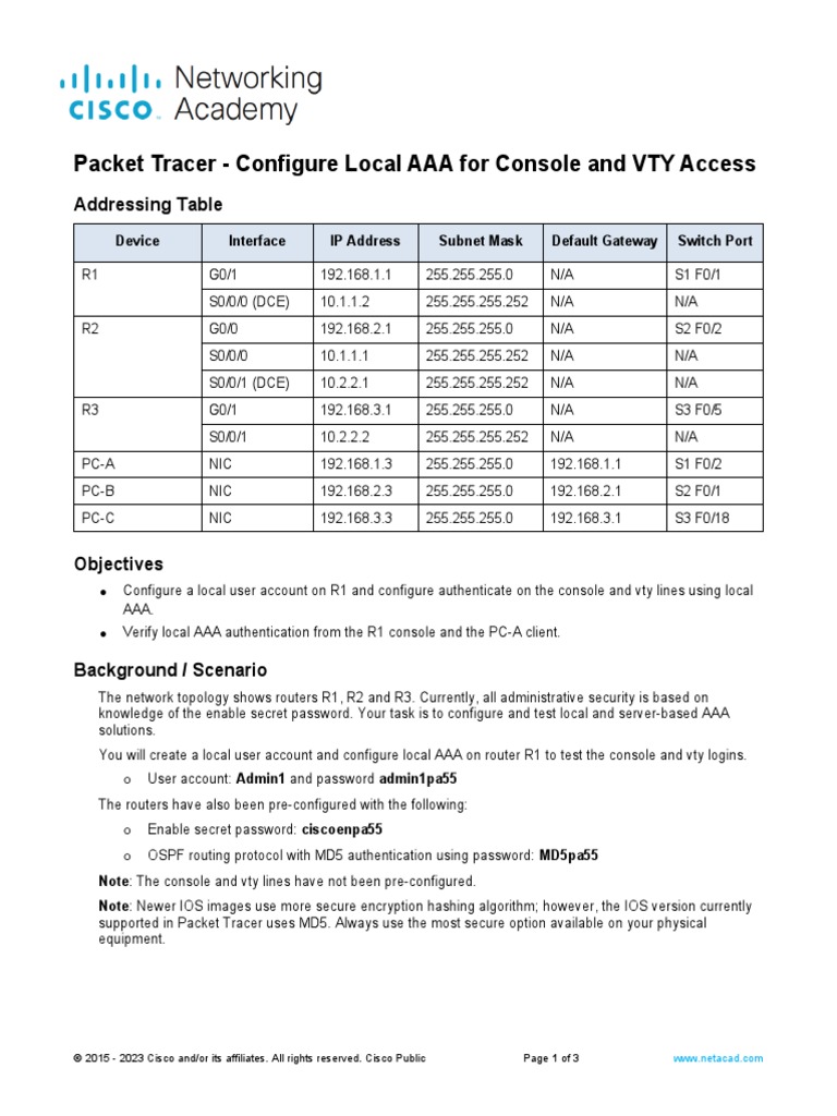 7.2.6 Packet Tracer - Configure Local AAA For Console and VTY Access ...