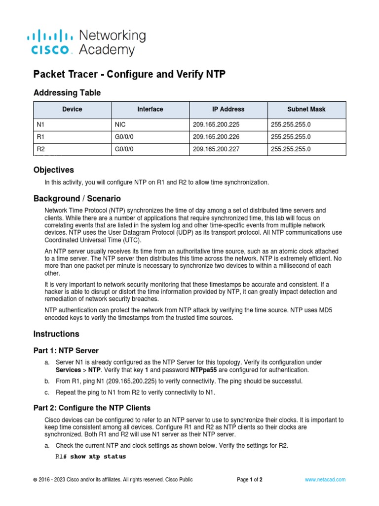 6.6.4 Packet Tracer - Configure and Verify NTP (U2000745) | PDF | Computer Network | Computer ...