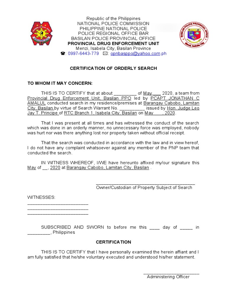 Certification of Orderly Search | PDF