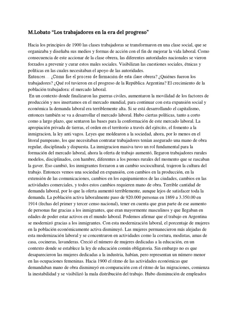 Resumen de "Los Trabajadores en La Era Del Progreso". M.Lobato | PDF ...