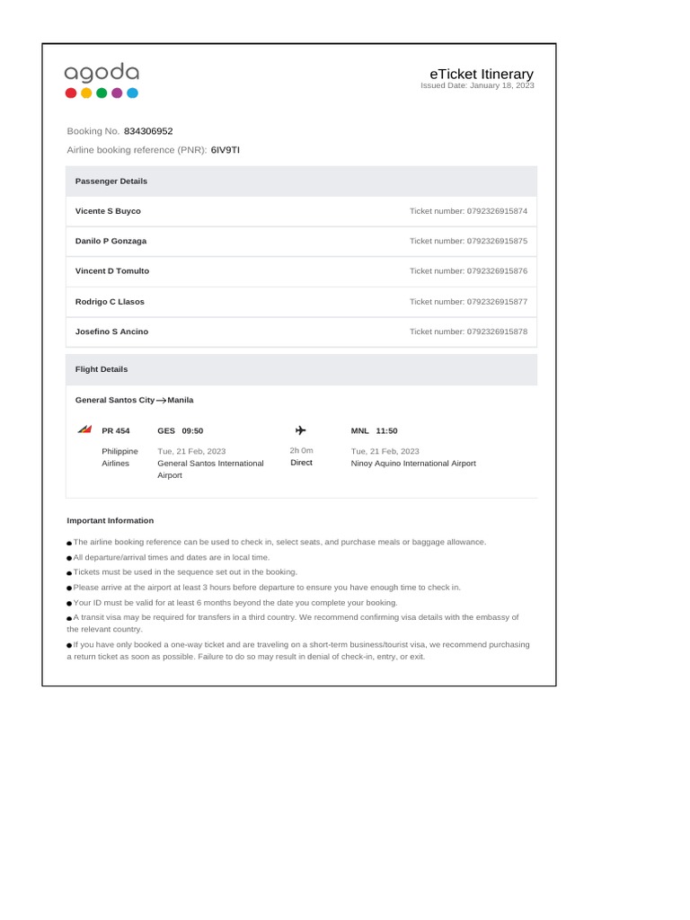 Agoda Booking ID 834306952 Eticket | PDF