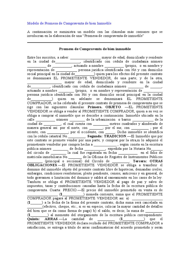 Modelo de contrato de promesa de compraventa de bien inmueble: Cláusulas estándar y ...
