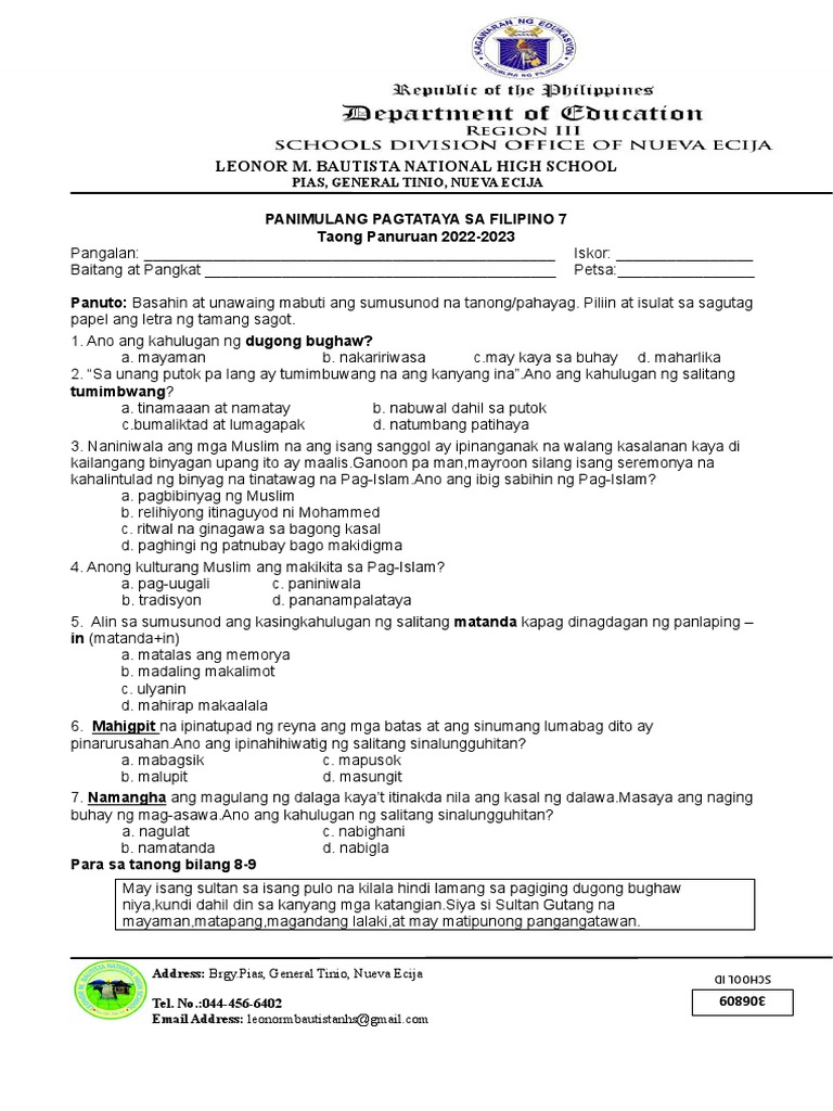 PAUNANG PAGTATAYA -filipino7 | PDF