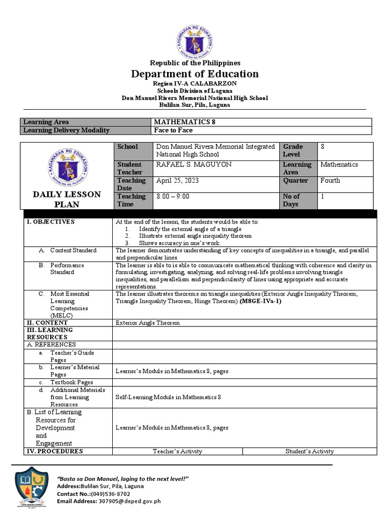 Math 8 Lesson on Exterior Angle Inequality Theorem | PDF | Triangle ...