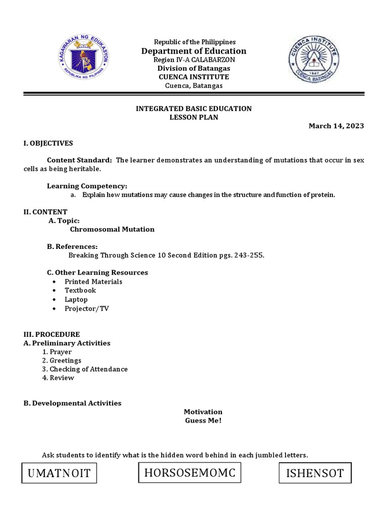 Chromosomal Mutation Lesson Plan | PDF | Chromosome | Mutation