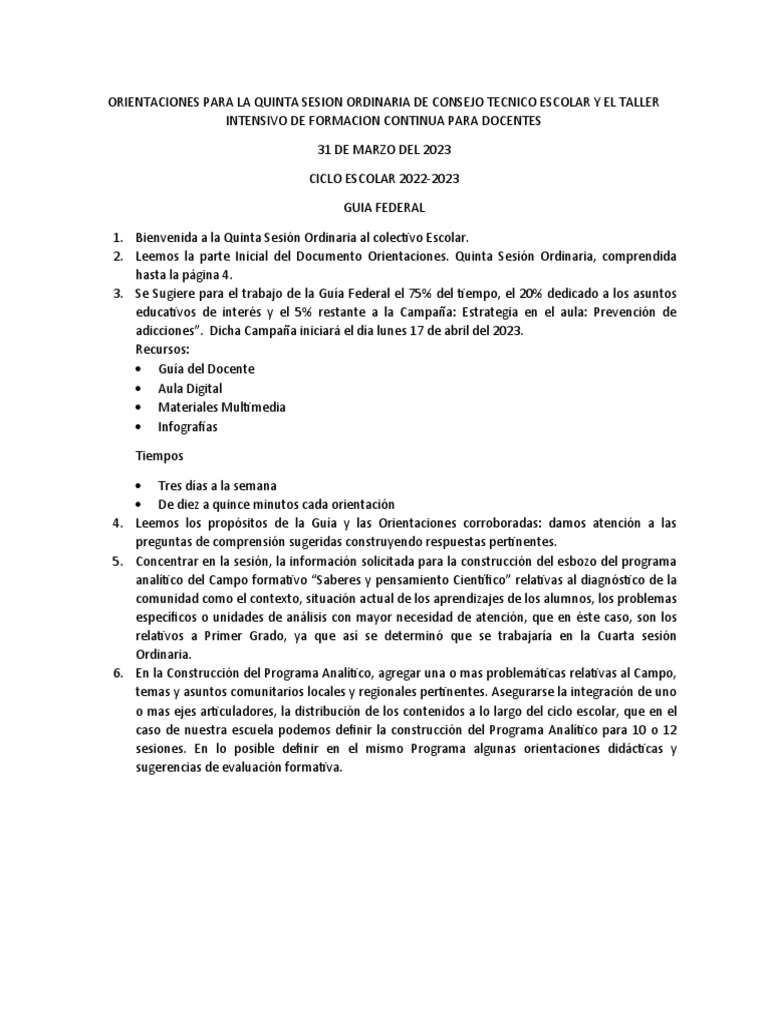 Orientaciones Para La Quinta Sesion Ordinaria De Consejo Tecnico
