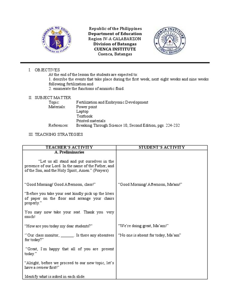 Grade 10 DLP - Fertilization | PDF | Menstrual Cycle | Medical Specialties