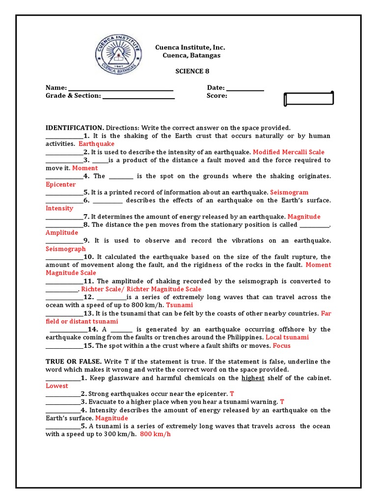 Quiz G8 Intensity and Magnitude | PDF | Earthquakes | Geology