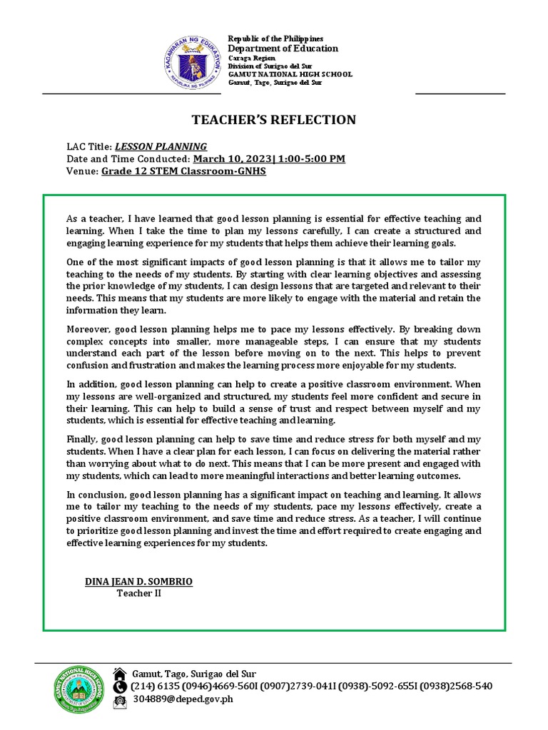 Teacher Reflection Lac Session Lesson Planning | PDF | Teachers | Learning