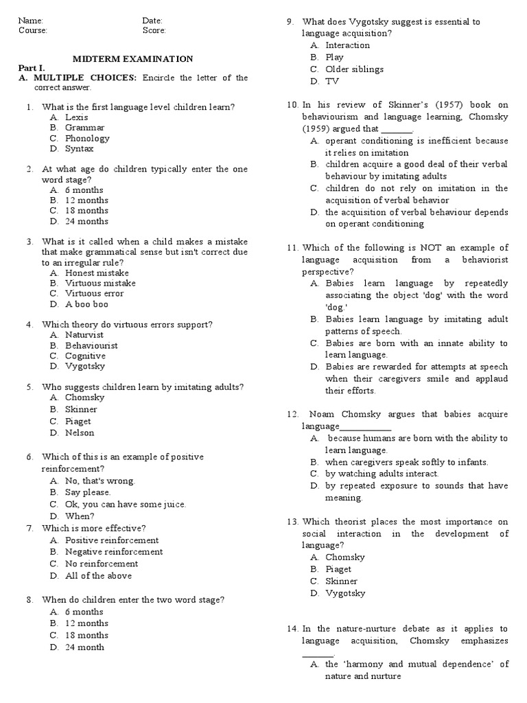 Midterm Exam | PDF | Language Acquisition | Imitation